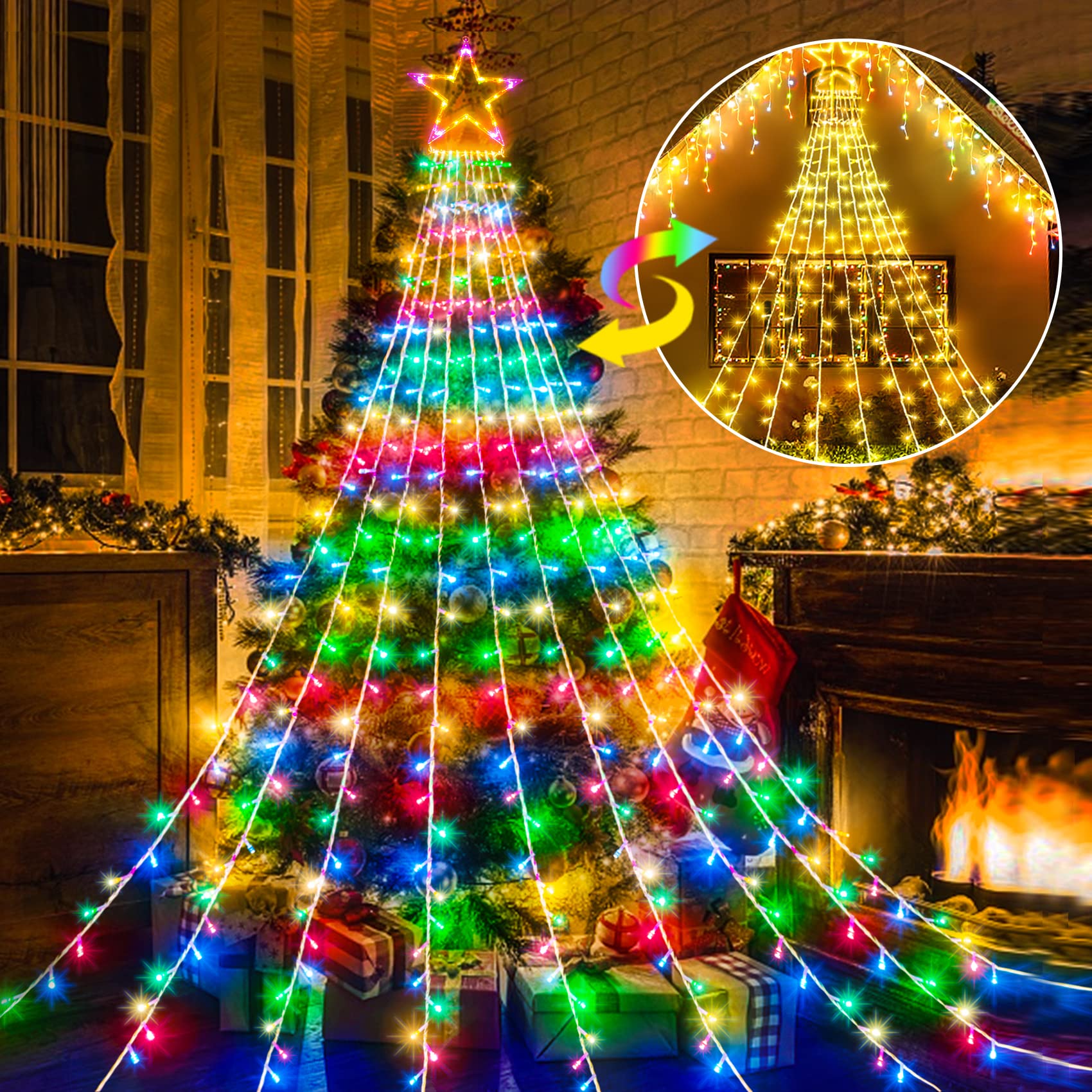 Christmas Lights Outdoor Decorations 344 LED Star Lights Easy To Install Waterproof Fairy String Lights 11 Modes Xmas Tree Lights for House Garden Party Wedding Holiday-Multicolored To Warm White