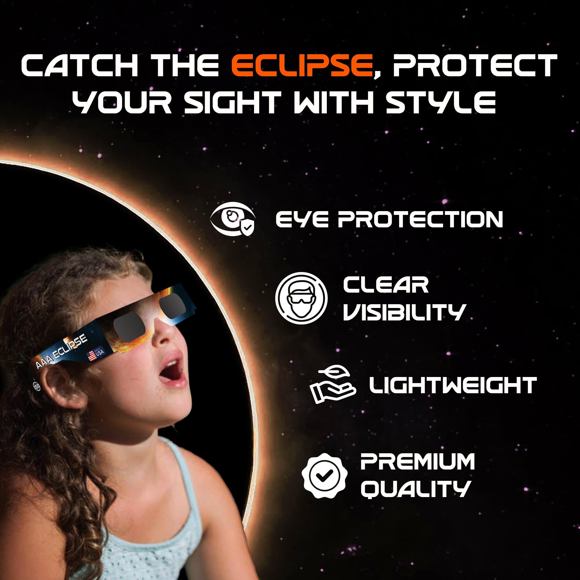 AAA Eclipse (6 PACK Solar Eclipse Glasses AAS Approved 2024 - Made in USA - ISO Certified 12312-2 & CE Certfied Direct Solar Eclipse Viewing Glasses