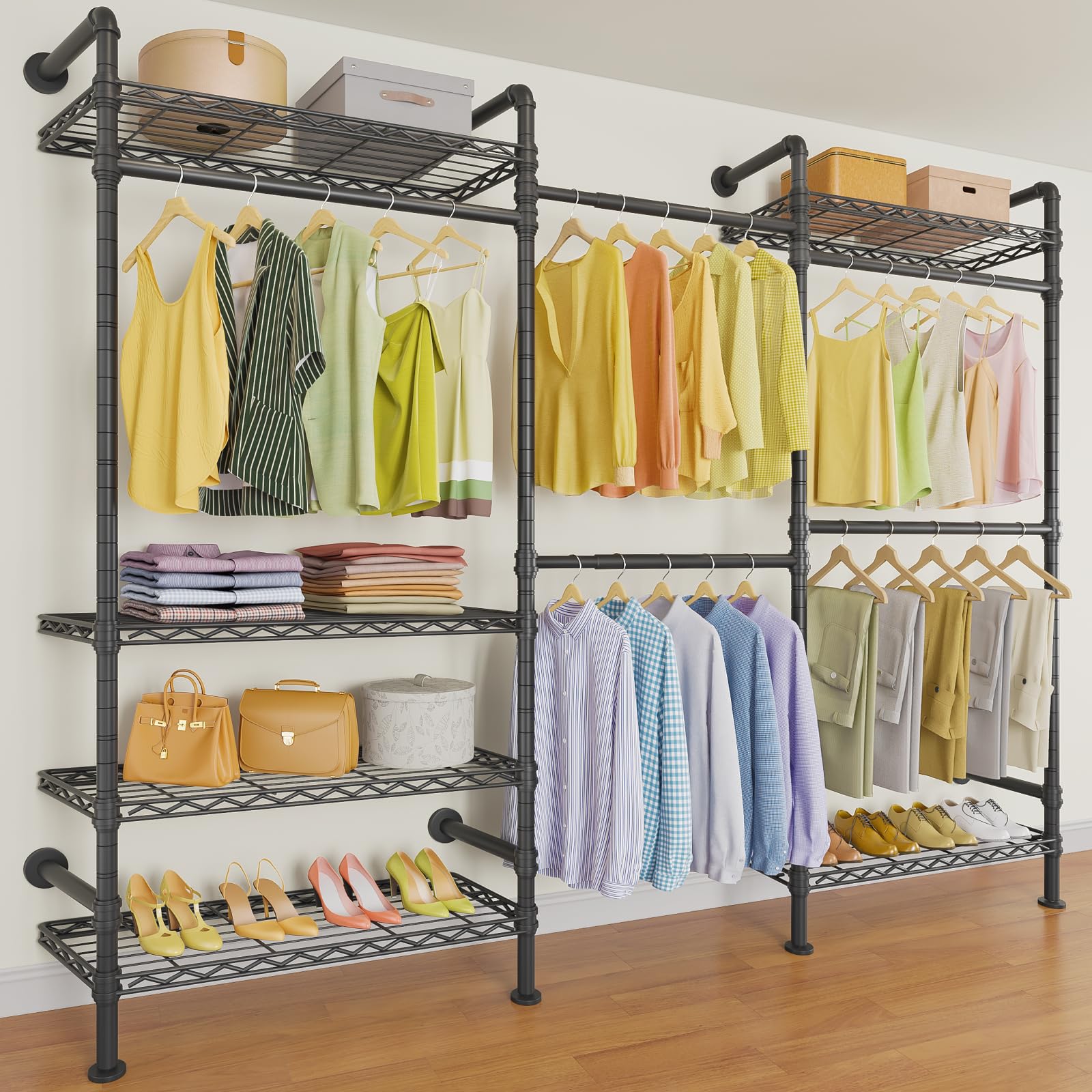 Timate F3 Garment Rack Heavy Duty Clothes Rack for Hanging Clothes, Expandable Industrial Pipe Wall Mounted Clothing Rack, Adjustable Storage Closet Wardrobe Closet Kit Walk in Closet Systems, Black