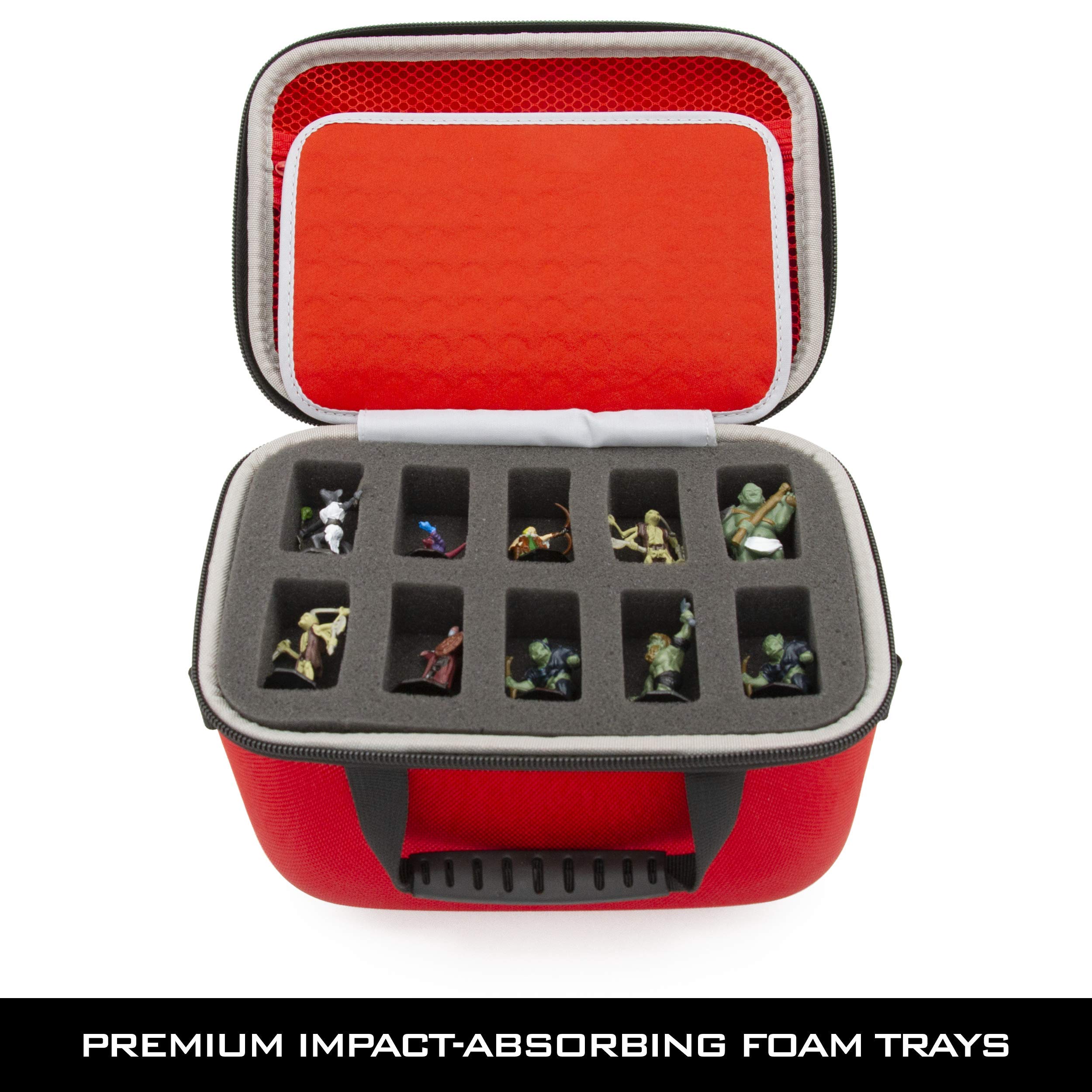 CASEMATIX Miniature Storage Hard Shell Figure Case - 30 Slot Figurine Carrying Case with Adjustable Shoulder Strap and Accessory Storage for Warhammer 40k, DND and More, Red