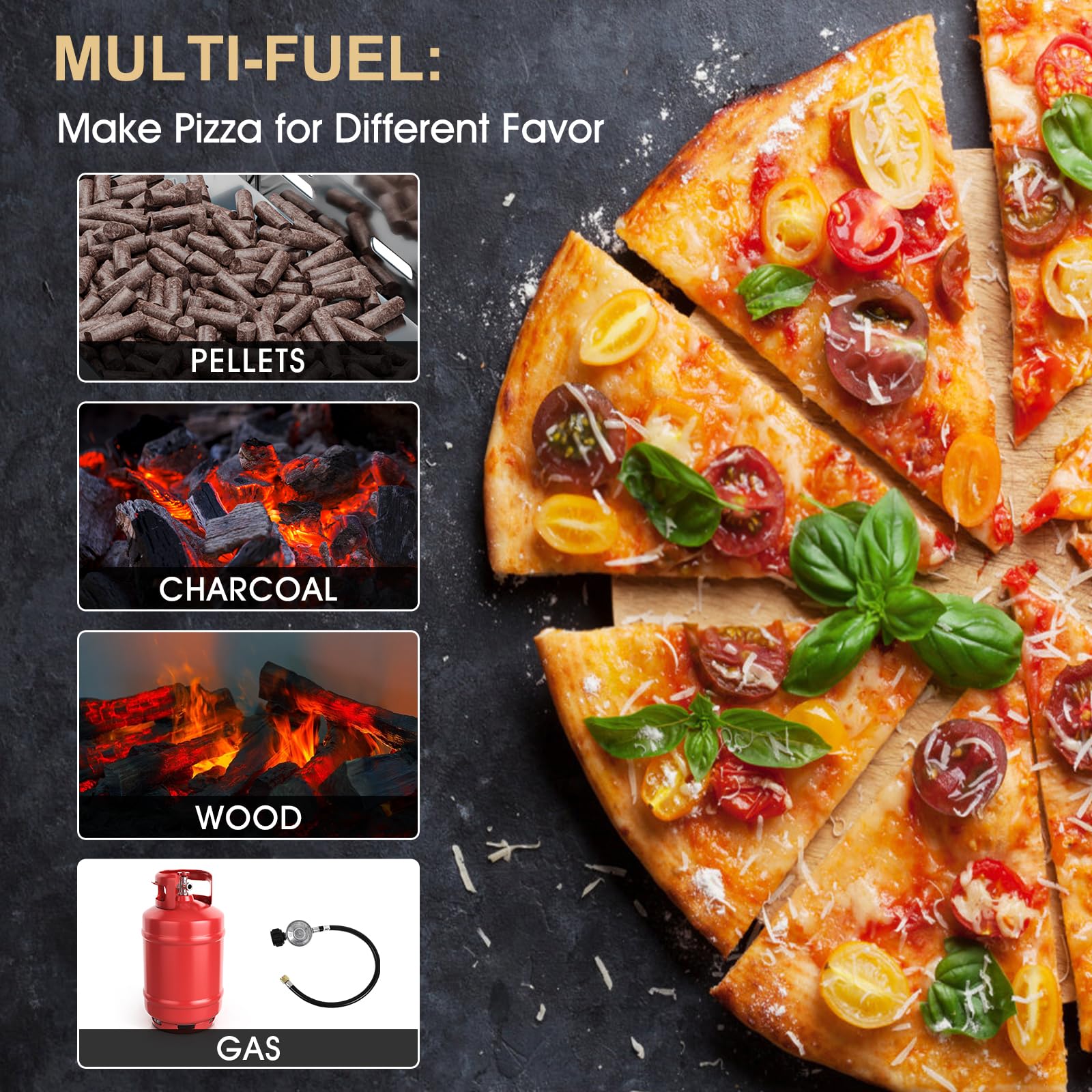 ABORON Pizza Oven Outdoor,16" Multi-Fuel Rotatable Pizza Ovens,Portable Wood Fired and Gas Pizza Oven,Stainless Steel 3-Layer Oven,Pizza Maker with Built-in Thermometer,Pizza Cutter & Carry Bag