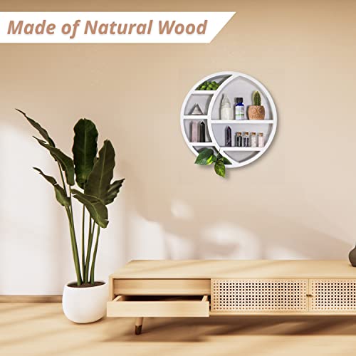 CNF Concepts Crescent Moon Shelf โ Wooden with Rose Quartz Crystal Rustic Display for Healing Crystals, Essential Oils Wall-Mounted Home Decor, White