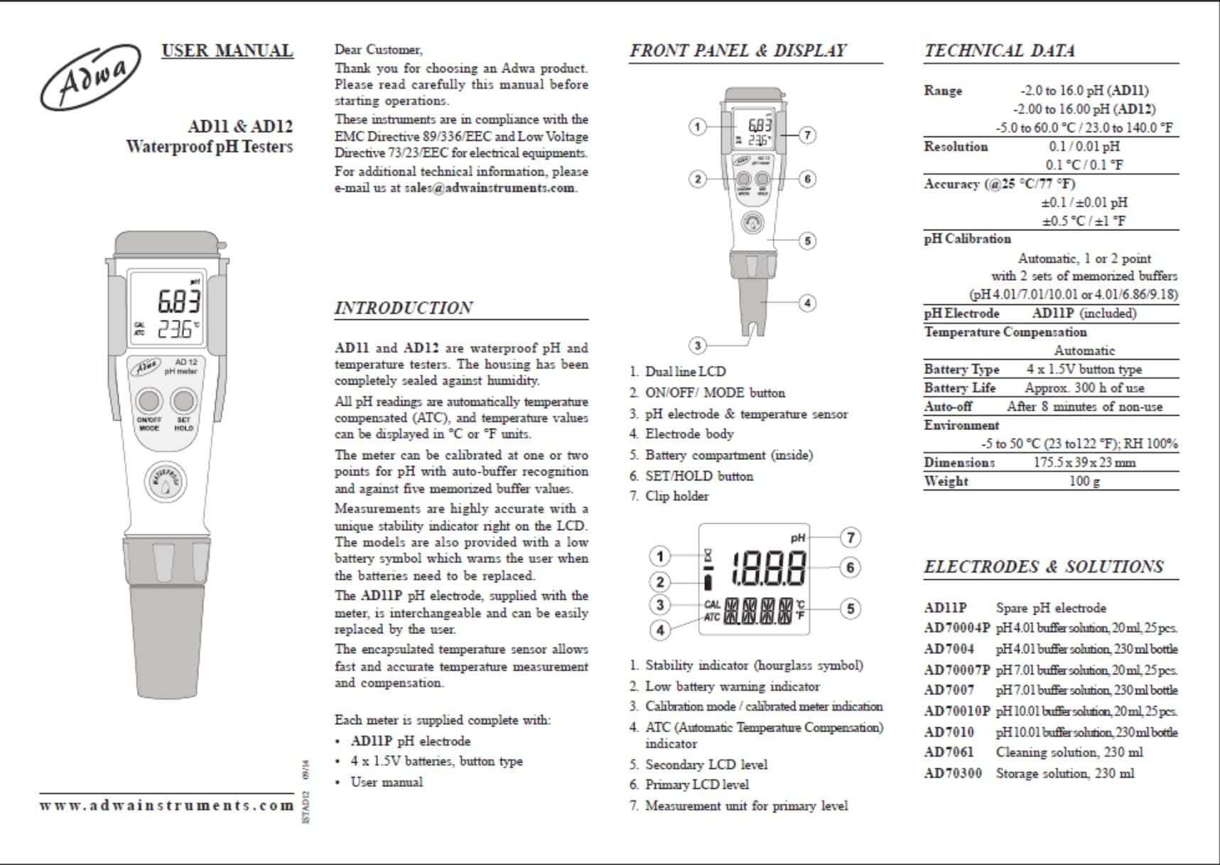 ADWA AD11 Waterproof Pocket pH and Temperature Meter