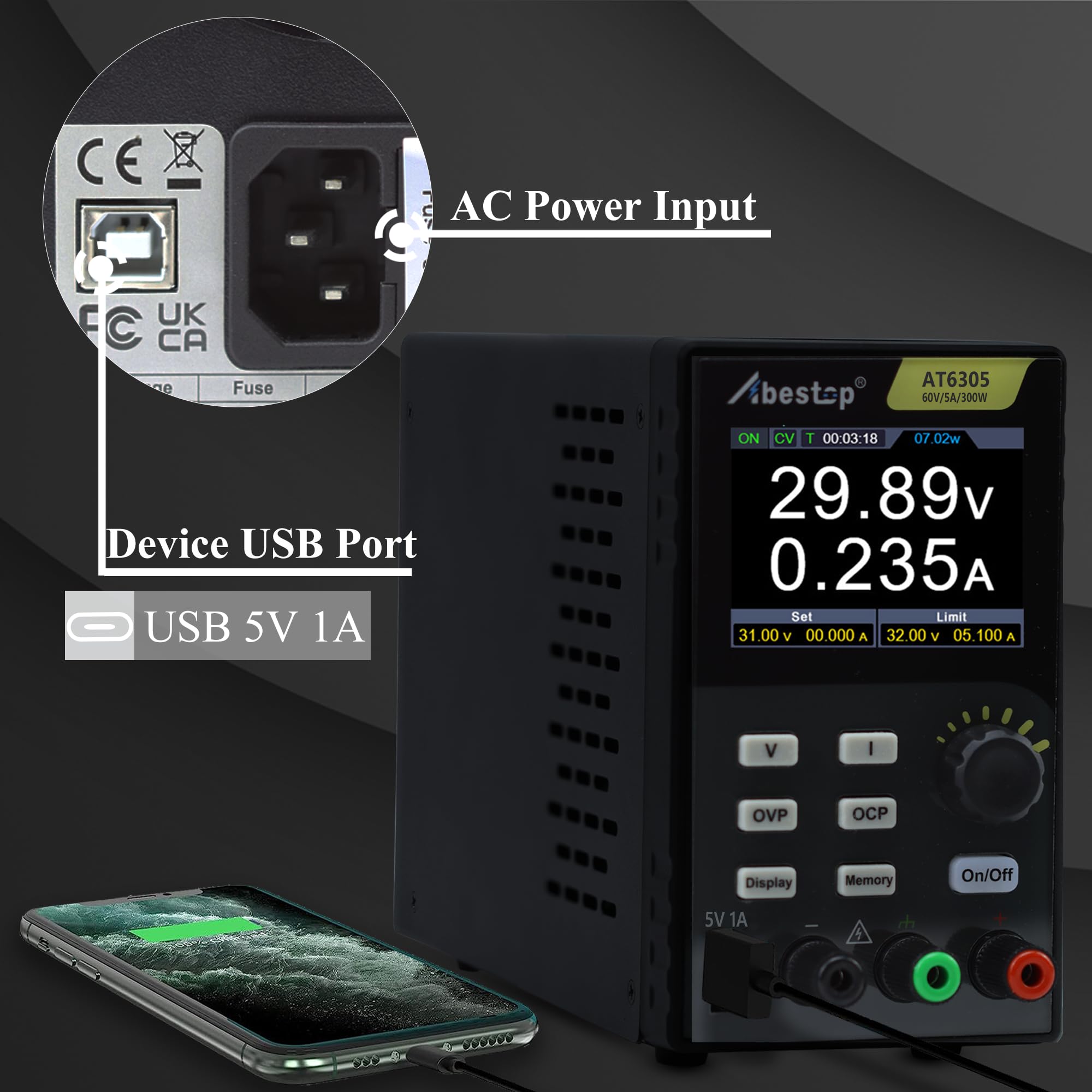 Abestop AT6301 DC Power Supply Variable, 60V/10A/300W Adjustable Bench Power Supply with 10mV / 1mA High Resolution 4-Digits 2.8 inch LCD Display, 5V/1A USB Output