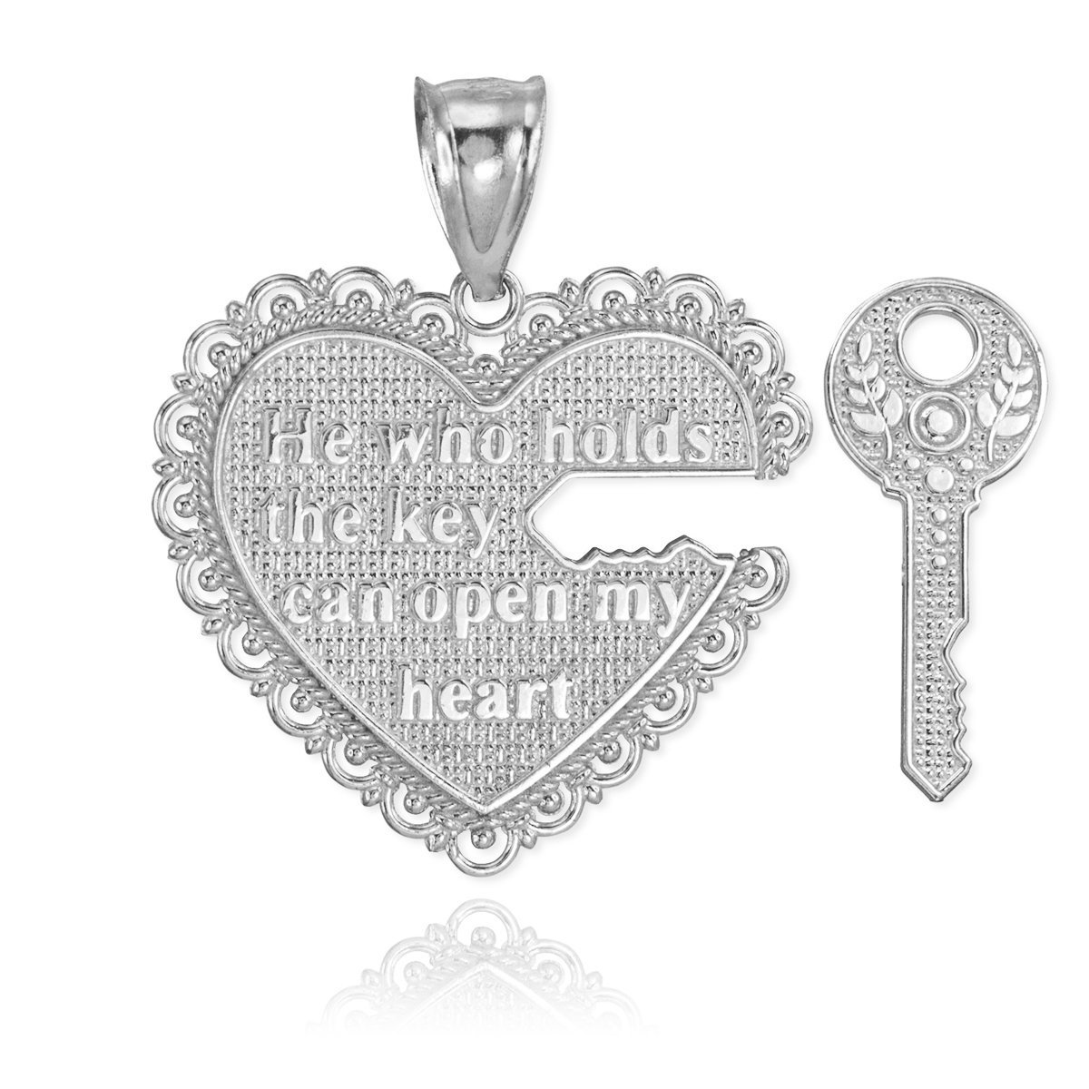 925 Sterling Silver Textured Charm Key of my Heart Charm 2-Piece Pendant Set
