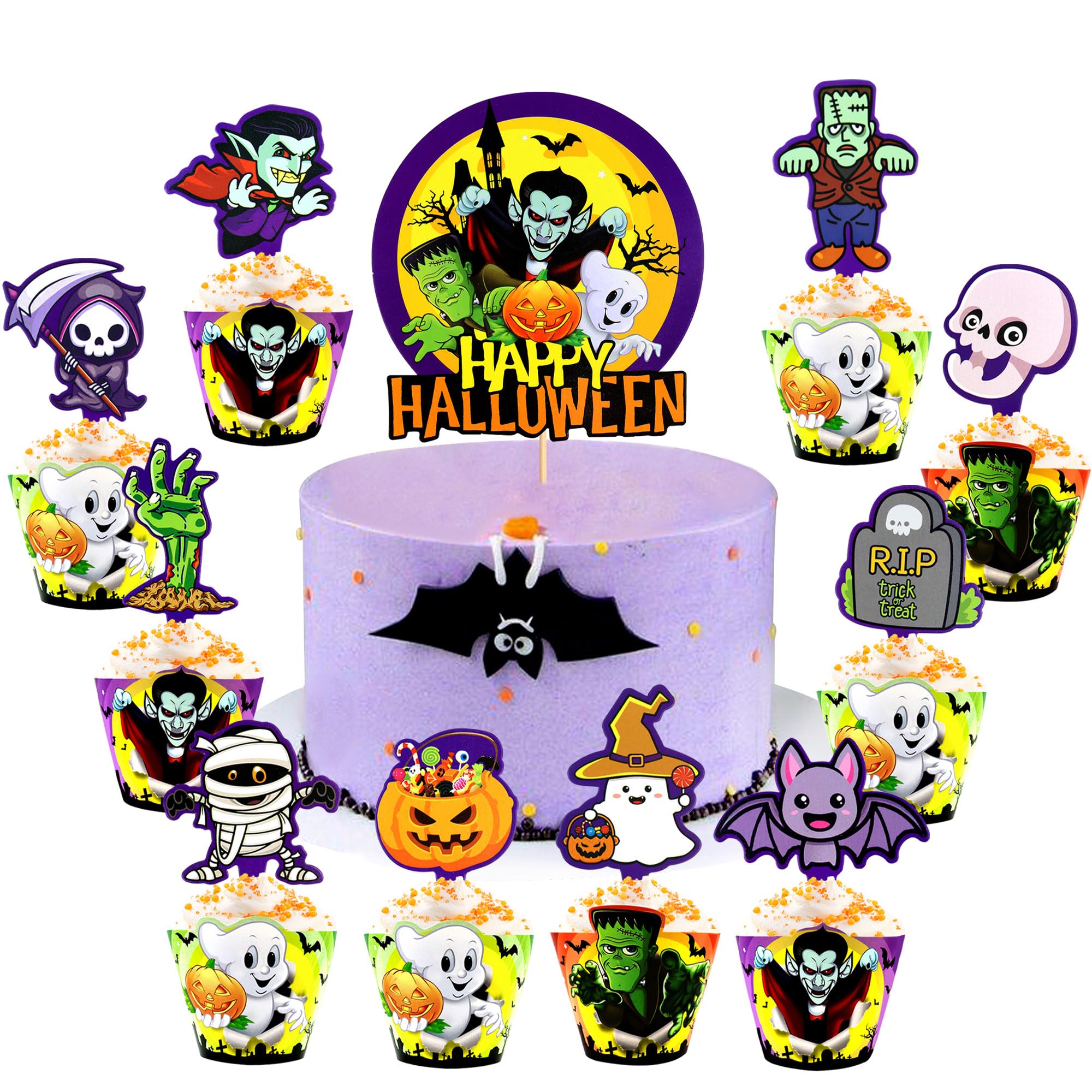 80 Pcs Halloween Cupcake Toppers Cupcake Liners Pumpkin 40 Pcs Cupcake Wrapper and 40 Pcs Cupcake Toppers muffin Case Trays for Halloween, Birthday, Decoration Party Supply (bite me)