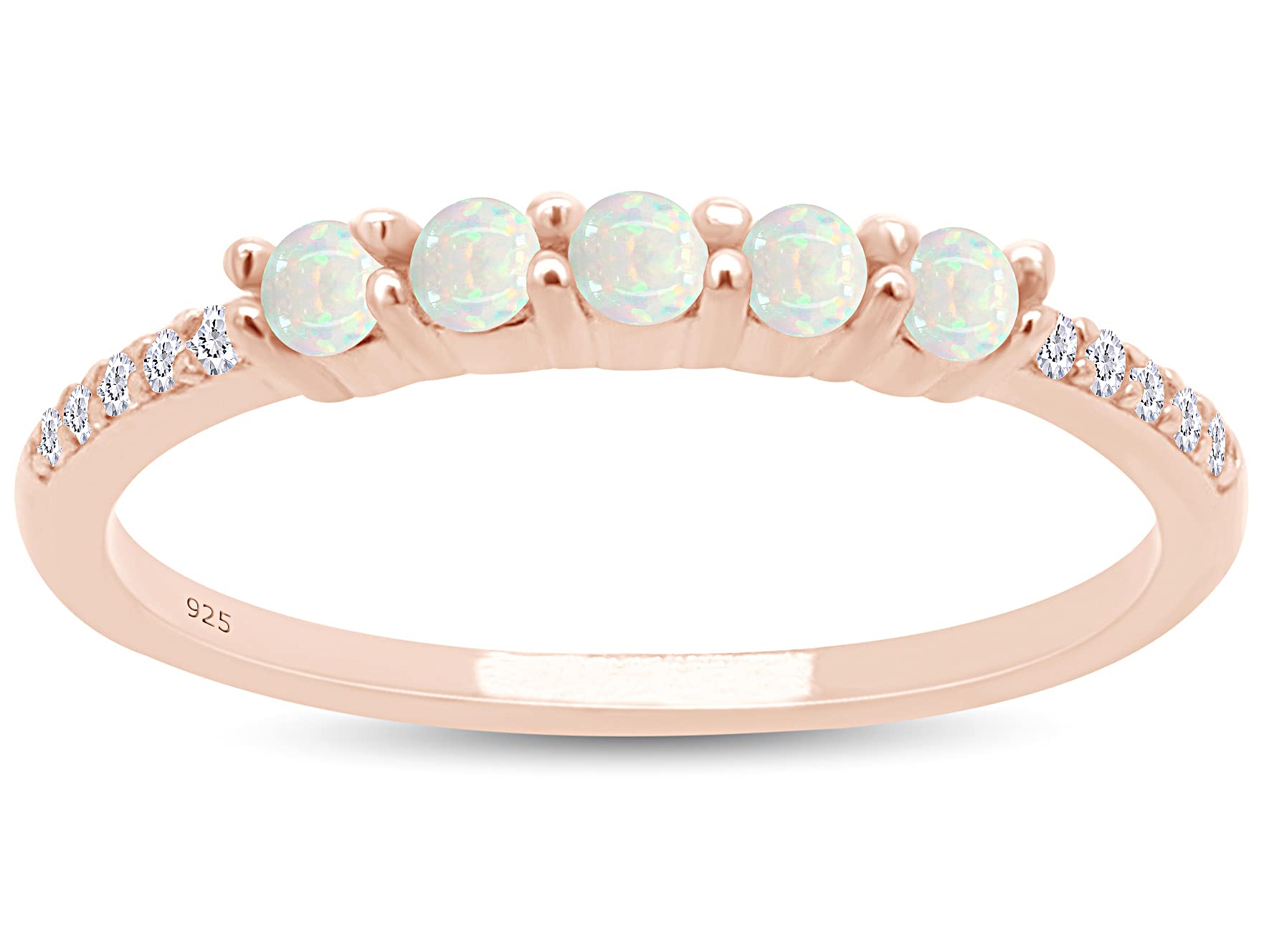 AFFY Five Stone Design, Dainty 14k Rose Gold Plated 925 Sterling Silver Round Cut Created Opal And Cubic Zirconia Stackable Ring Jewelry For Women Size -6