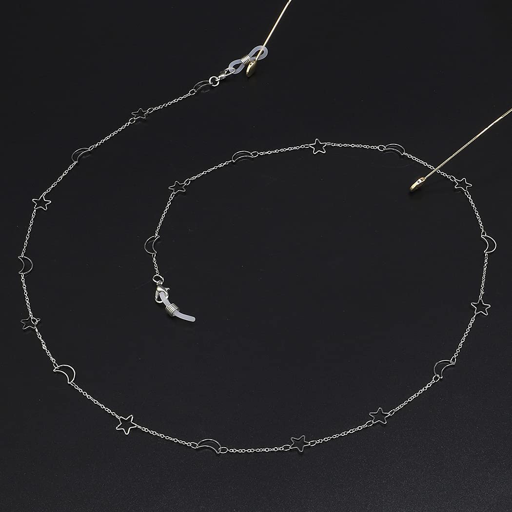Aabellay 2PCS Eyeglass Chain Sunglass Strap Holder Reading Glass Cords Lanyard Necklace Eyewear Retainer Metal Long Necklace Accessories with Rubber Ends –Style Star and Moon