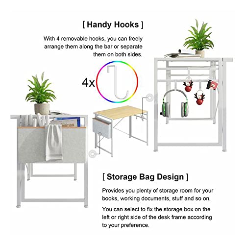 4NM 35.4" Wide Foldable Modern Writing Desk with Fabric Storage Side Catty for Papers and Storage 4 Hooks for Bedroom or Office, White