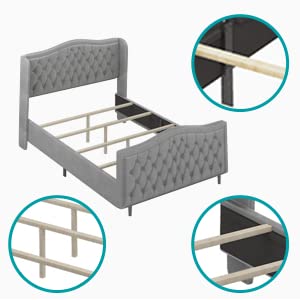 BALUS King Wingback Bed Frame with Headboard,Upholstered Platform Bed Frame Dutch Velvet Upholstered Bed,Modern Design,Available in 3 Sizes and 3 Colors Panel Bed Frame (Silver Gray)