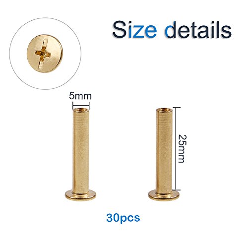 INCREWAY Phillips Screws, 30 Sets 5mm X 25mm Copper Plated Chicago Binding Screws Round Cross Head Stud Screw Posts Nail Docking Rivet Chicago Button, Brass Tone