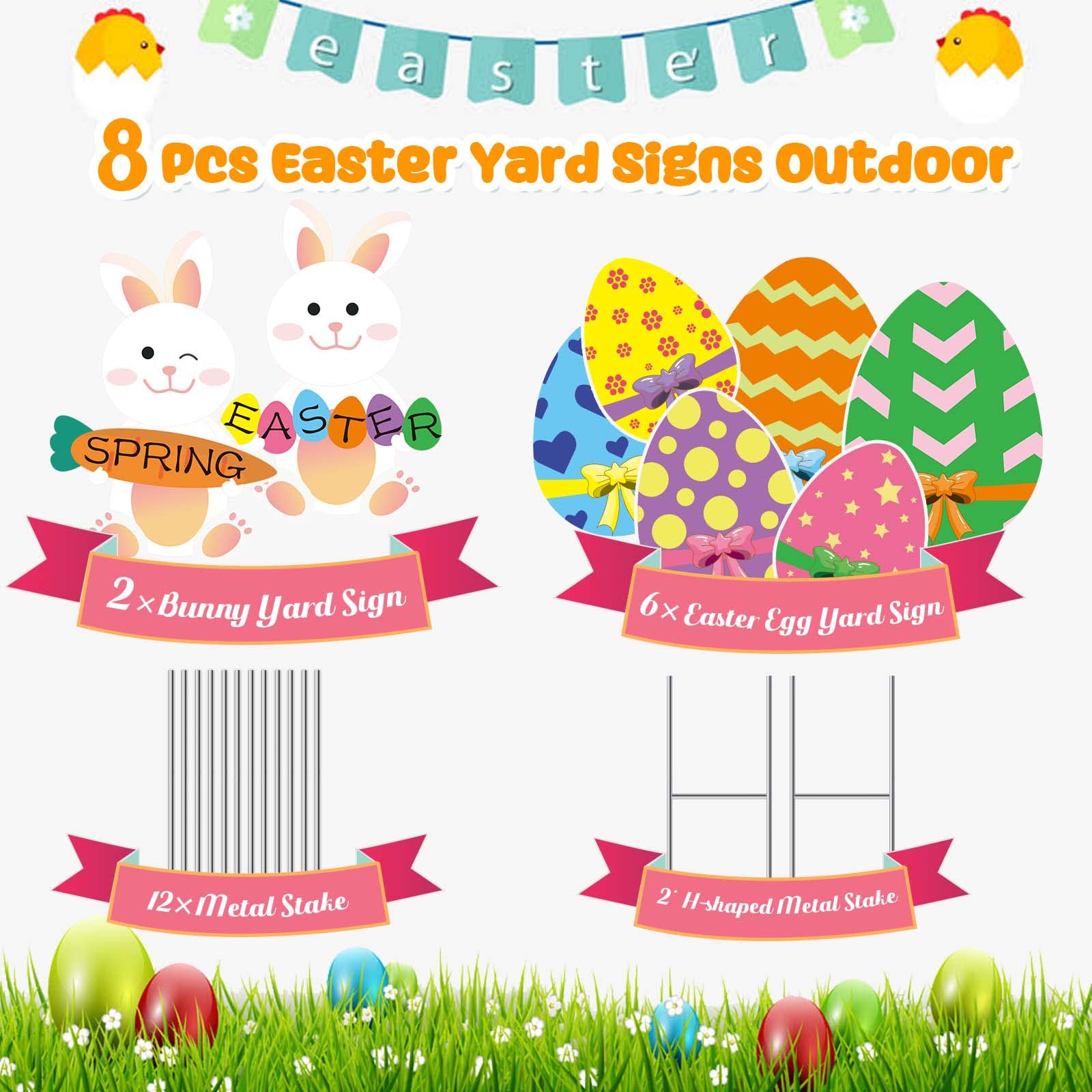 59.5 inch Easter Decorations Outdoor Easter Egg and Bunny Yard Signs Spring Easter Signs with Metal Stakes Easter Lawn Sign Decor for Easter Party Garden Patio
