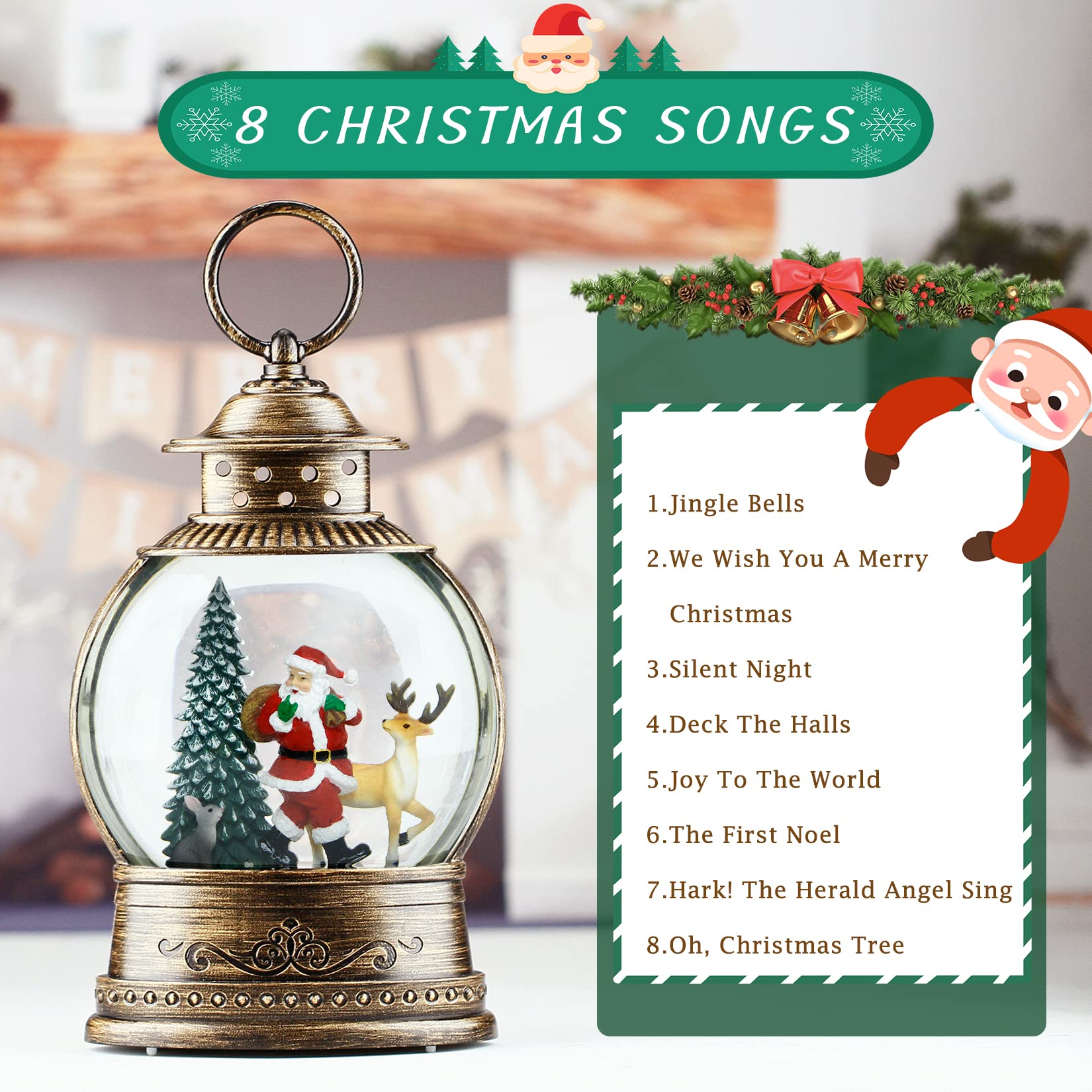Christmas Snow Globes Musical with Santa Claus & Reindeer, Kikth Snowglobes Christmas Lantern Glitter Lighted for Christmas Decorations and Gift, Bronze