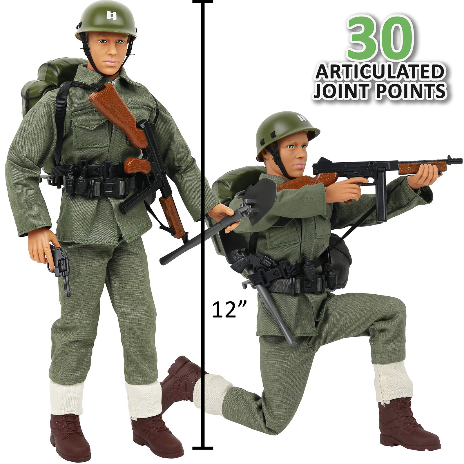 Click N' Play WWII Allies Army Infantry 12” Action Figure Plat Set with Accessories - Click N Play Military WW2 Toys