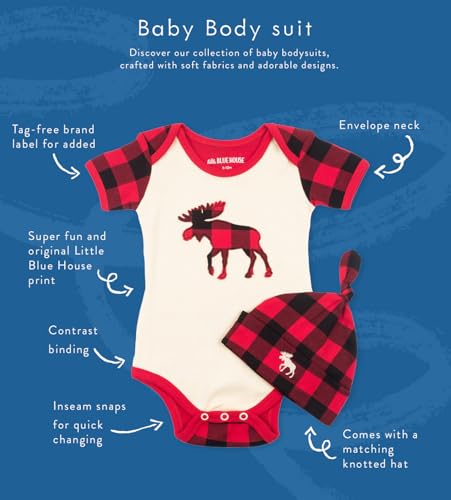 Little Blue House unisex-baby Bodysuit with Hat, Plaid Moose, 3-6 Months