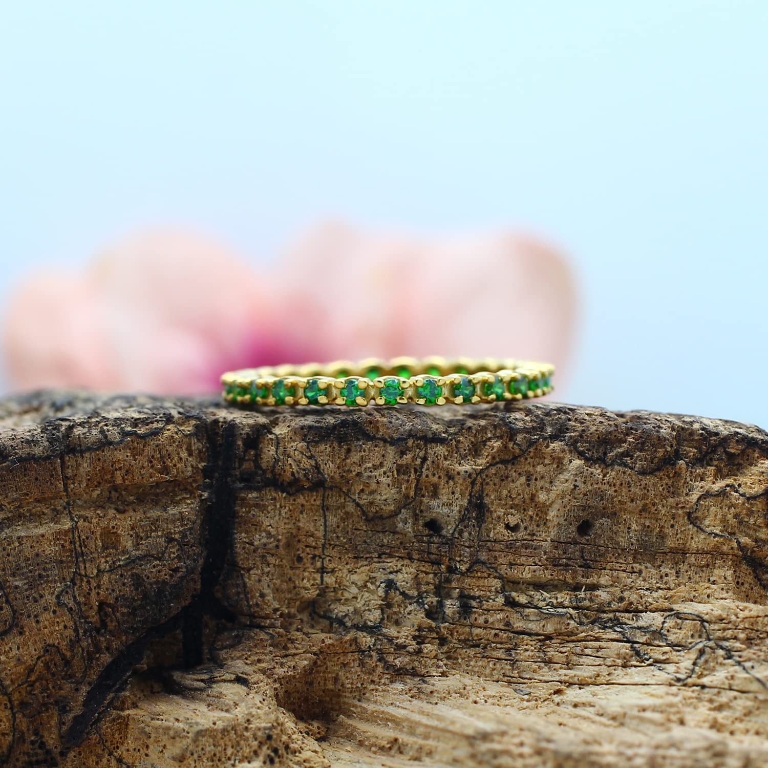 AFFY Round Cut Simulated Green Emerald Eternity Band Ring in 14K Gold Over Sterling Silver