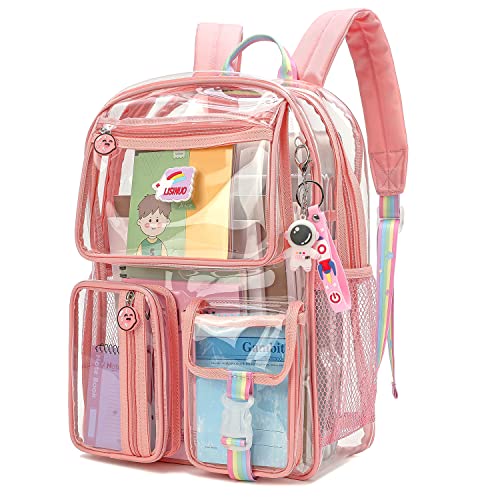 AUOBAG Clear Backpack for Girls Backpacks Elementary Bookbags Middle School bags Women Casual Daypack Send pendant (Pink)