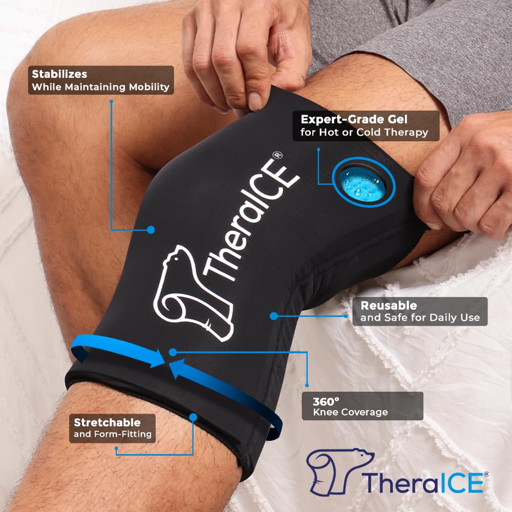 TheraICE Knee Ice Pack Wrap Compression Sleeve for Injuries, Reusable Gel Cold Packs Brace Also for Elbow, Ankle & Calf - Flexible Cold Wrap Recovery for Meniscus, ACL, MCL Pain Relief (M)