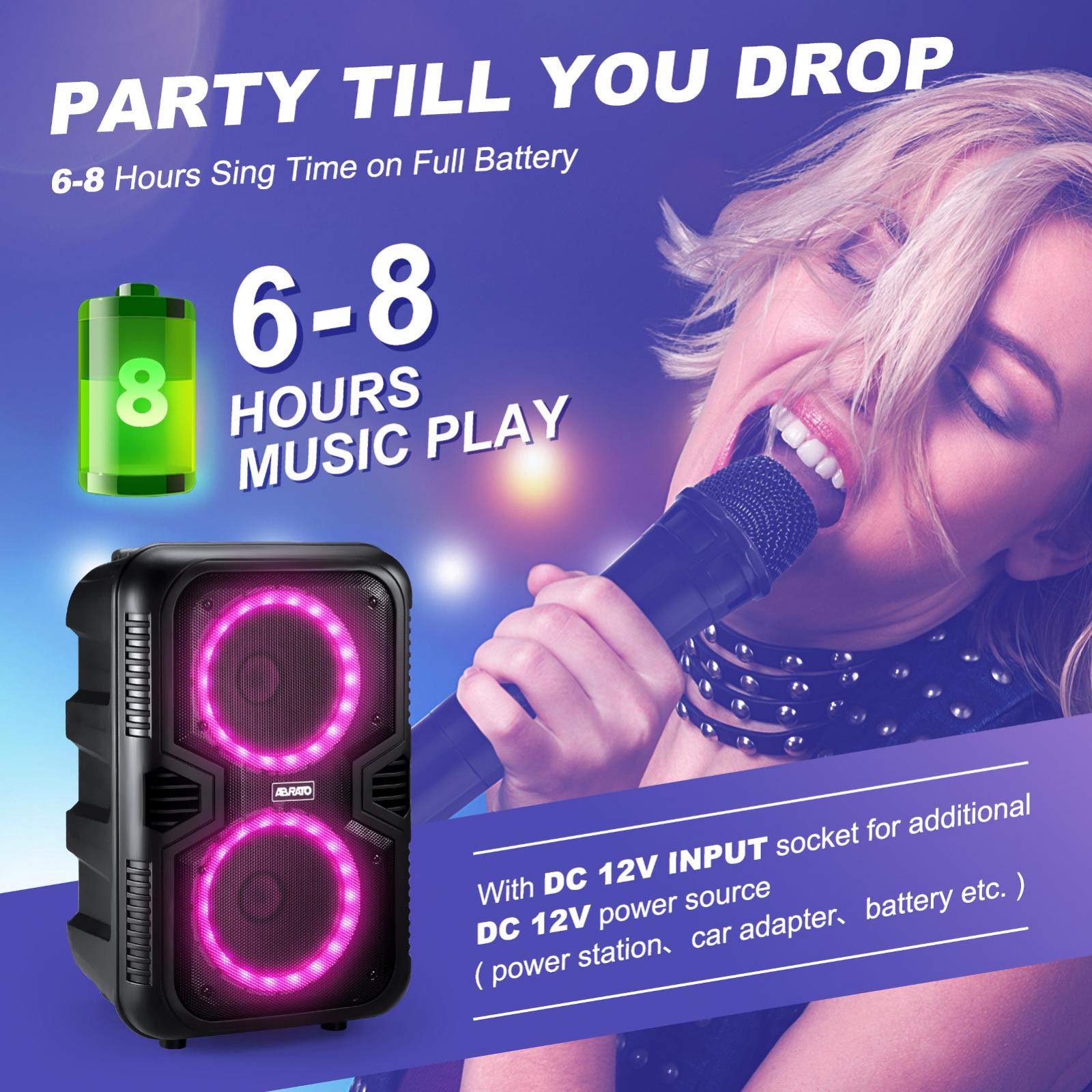 ABRATO Karaoke Machine for Adults & Kids β Bluetooth Speakers with Dual 8" Subwoofer & DJ Lights β Bonus 2 Wireless Microphones - Ideal for Home Party Camping Singing