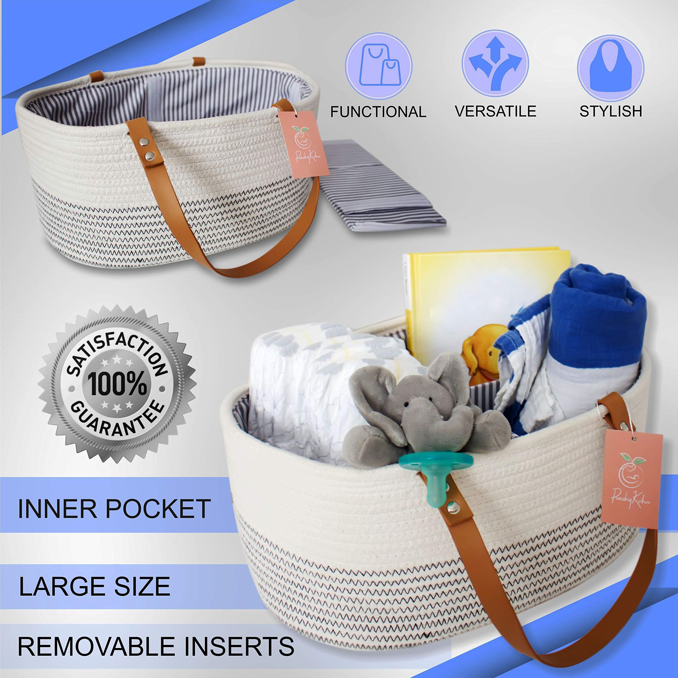 PeachyKehn Rope Baby Diaper Caddy Organizer – Trendy Nursery Storage Bin – Large Woven Cotton Tote with Removable Inserts and Eco Leather Handles – Baby Car Organizer or Shower Gift Basket