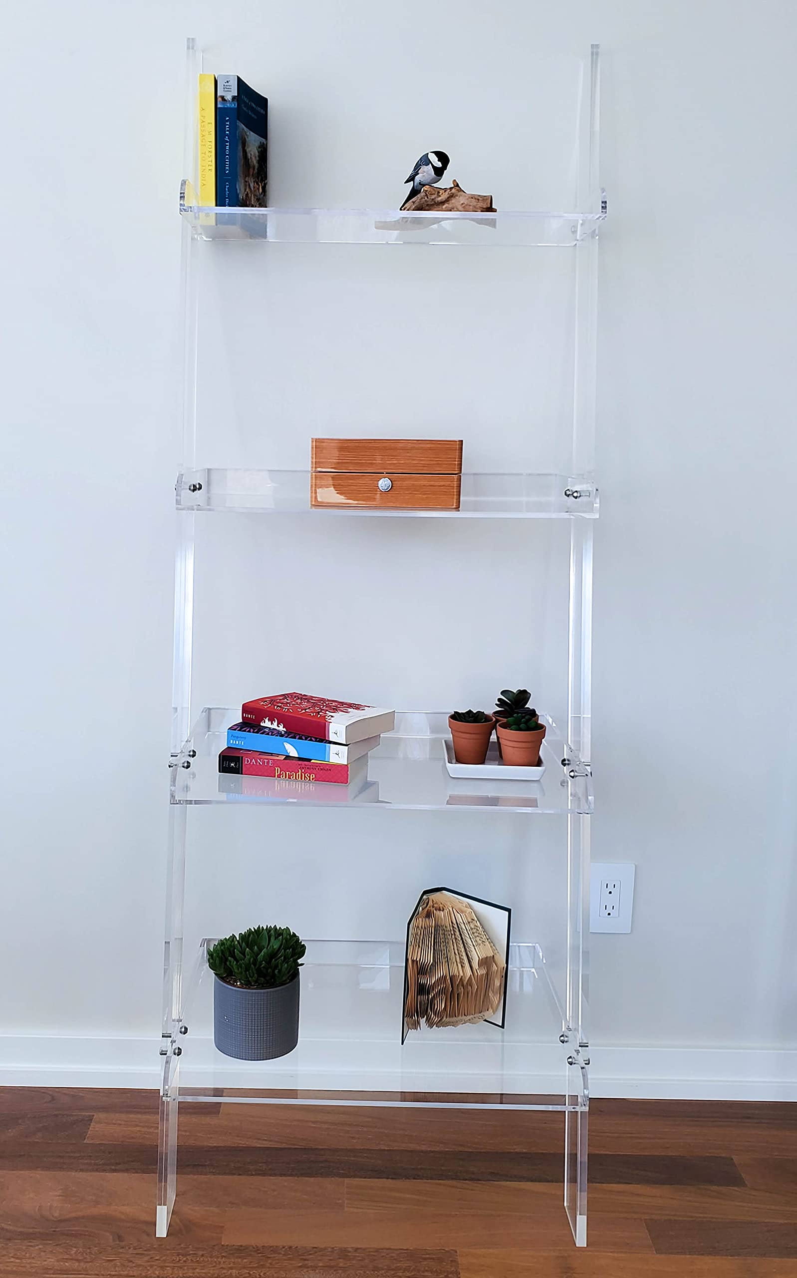 Acrylic Ladder Bookcase β Large Modern Clear Leaning Floating Wall Bookshelf - Standing Decor Display Unit for Open Shelving, Organizer, or Storage in the Living Room, Office, Bedroom, or Bathroom