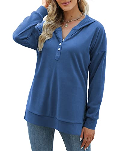 Auremore Womens Hoodies V Neck Long Sleeve Tops Fall Shirts Button Up Fashion Sweaters Blue L