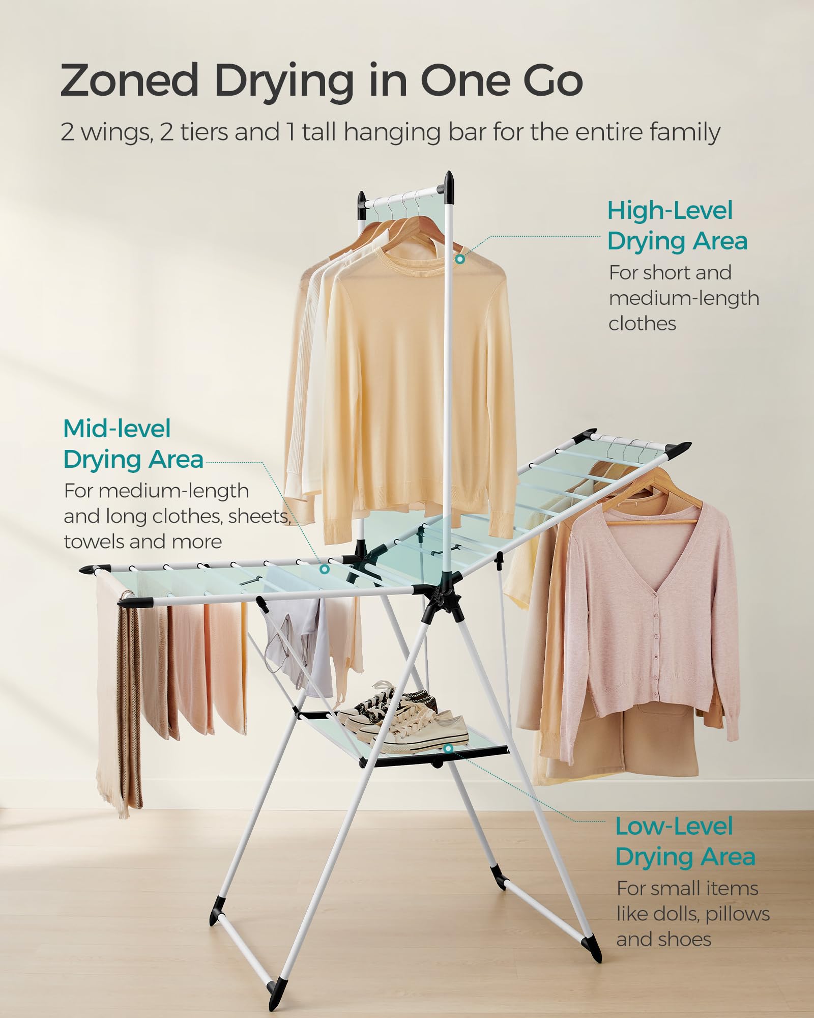 SONGMICS Clothes Drying Rack, Foldable 2-Level Laundry Drying Rack, Free-Standing Airer, 1 Additional Tall Hanging Bar, 2 Height-Adjustable Wings, 24 Drying Rails, Space Savng, Simply White ULLR521W01