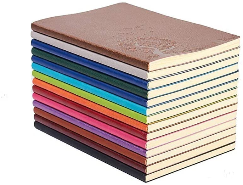 KEVXT A5 Size Writing Journal Notebook, PU Leather Colorful Journals, Daily Notepad Diary Cute Journal Travel Notebooks Wide Ruled for Students, 64 Sheets/128 Pages, Pack of 4, Random Colors