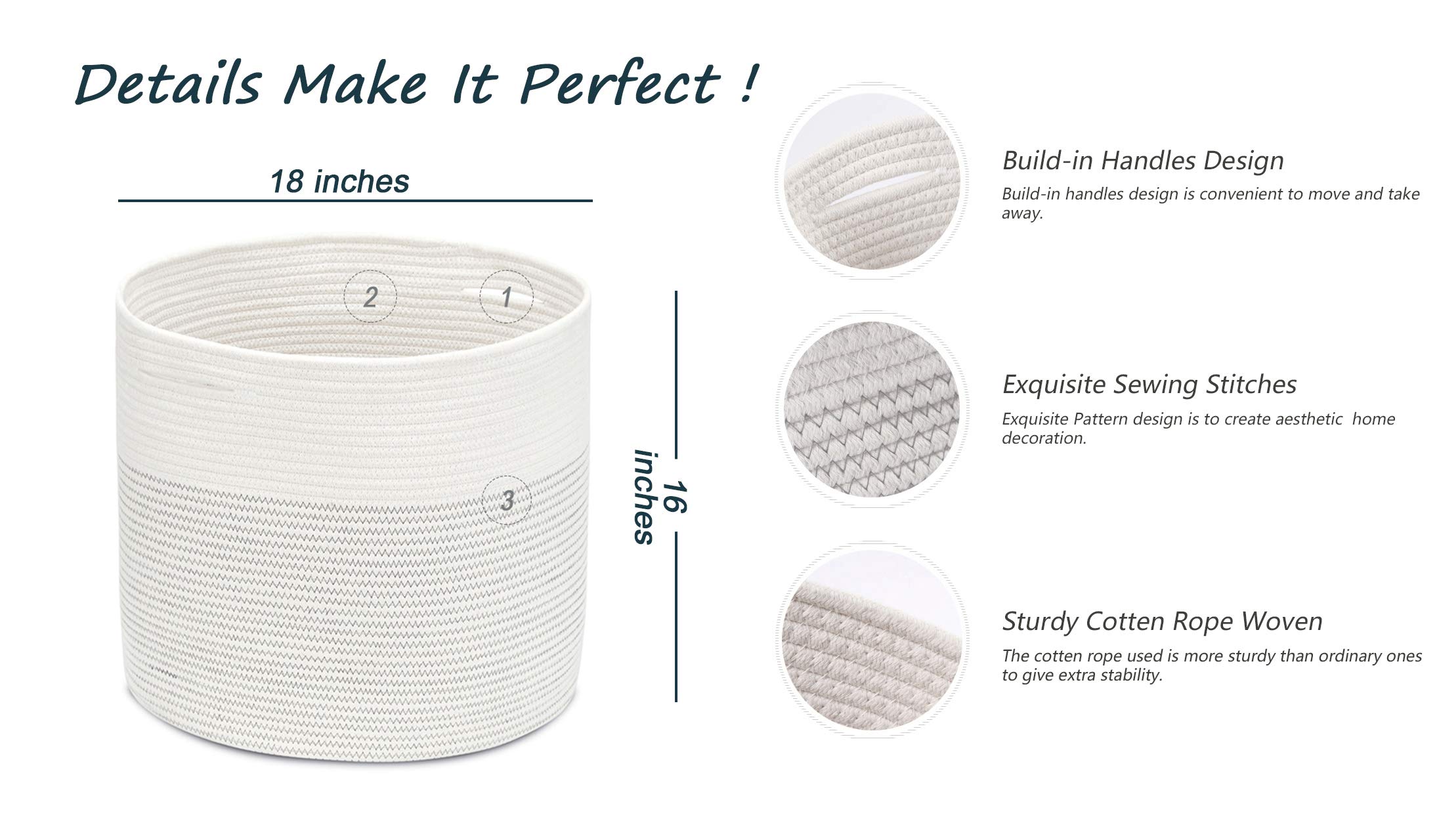 Large Cotton Rope Baskets 18'' x 16'', Woven Blanket Storage Baskets with Handles, Baby Kids Toy Bins Storage,Decorative Laundry Baskets in Nursery Living Room