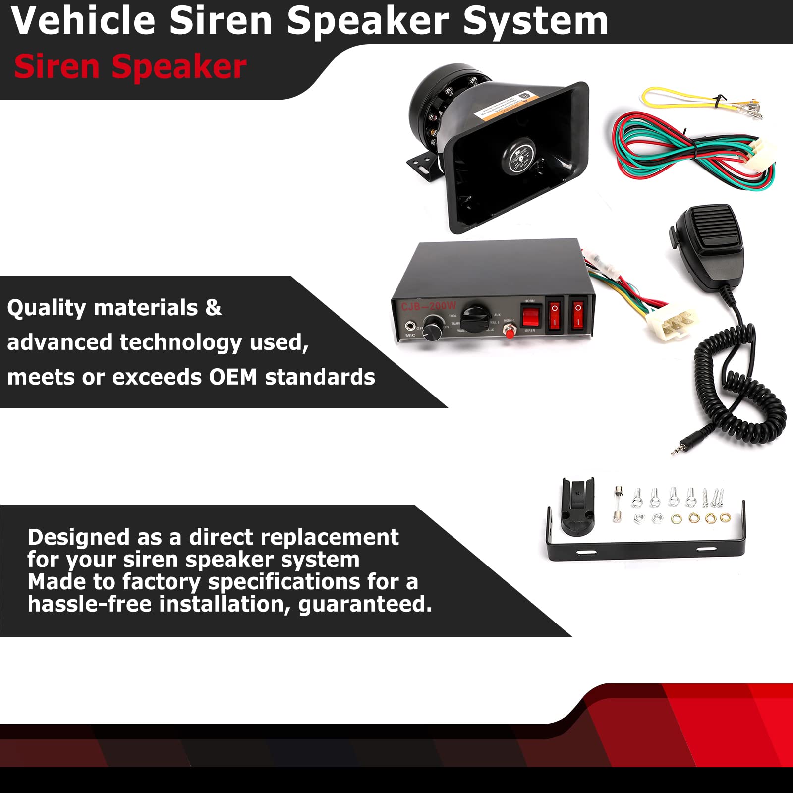 9 Tones Police Siren 200W Wired Handheld Microphone Loudspeaker Emergency Siren Electronic PA System Amplifier Black Plastic Square Speaker DC12V