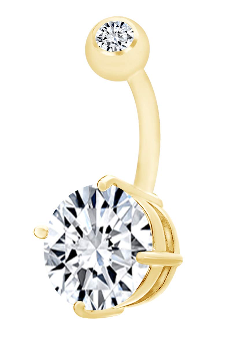 AFFY Round Shape Sparkling White Cubic Zirconia Body Piercing Belly Button Ring in 14K Yellow Gold Over Sterling Silver