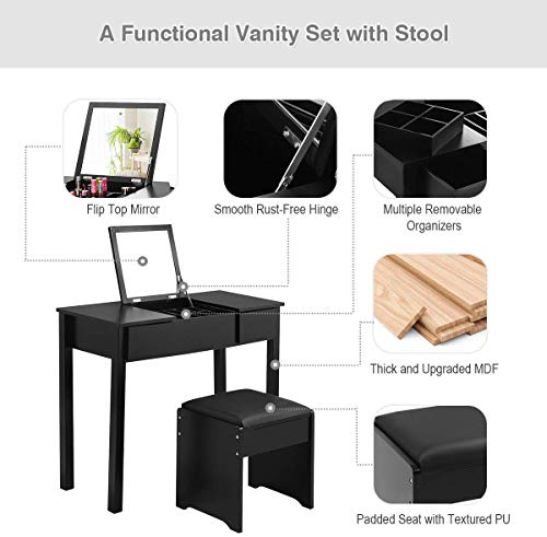 Vanity Table with Flip Top Mirror, Solid Wood Makeup Dressing Table , Writing Desk with Cushioned Stool Set, 2 Drawers for Different Sized Makeup Accessories, Bedroom Bathroom Organizers (Black)