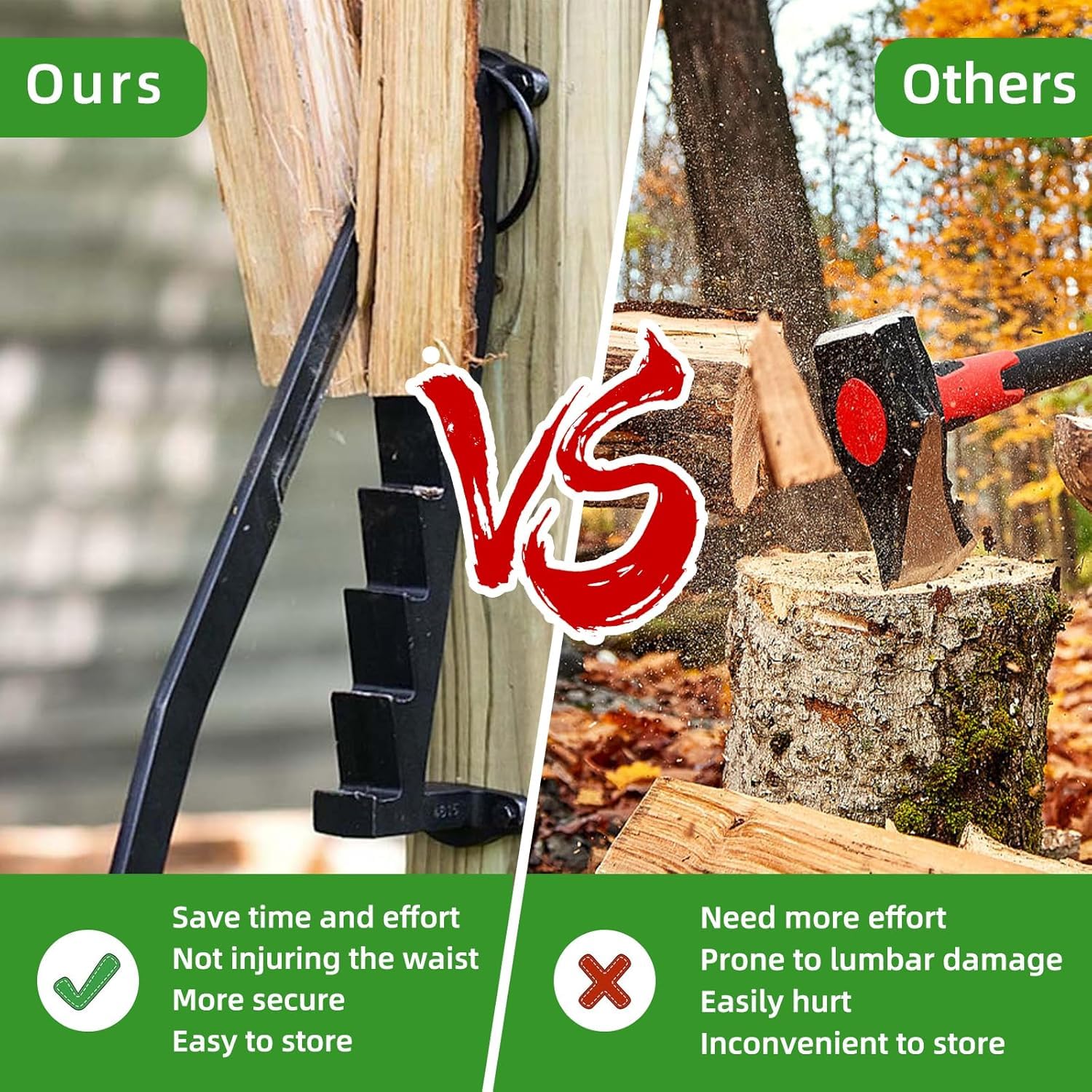 ABX Kindling Splitter, Log Splitter, Wood Splitter Cutter Heavy Duty, Wall Mounted Carbon Steel Firewood Splitter, with Firewood Storage Bag*1, Storage Loop*1, Gloves*2