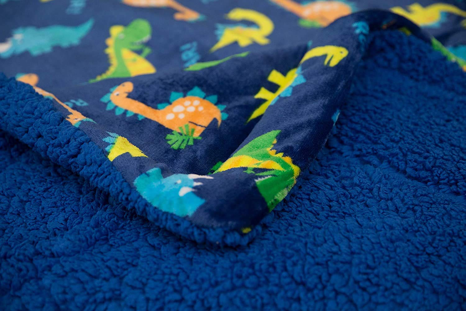 Elegant Home Kids Soft & Warm Sherpa Baby Toddler Boy Sherpa Blanket Navy Blue Dinosaurs Multicolor Printed Borrego Stroller or Toddler Bed Blanket Plush Throw 40X50 # Dinosaurs
