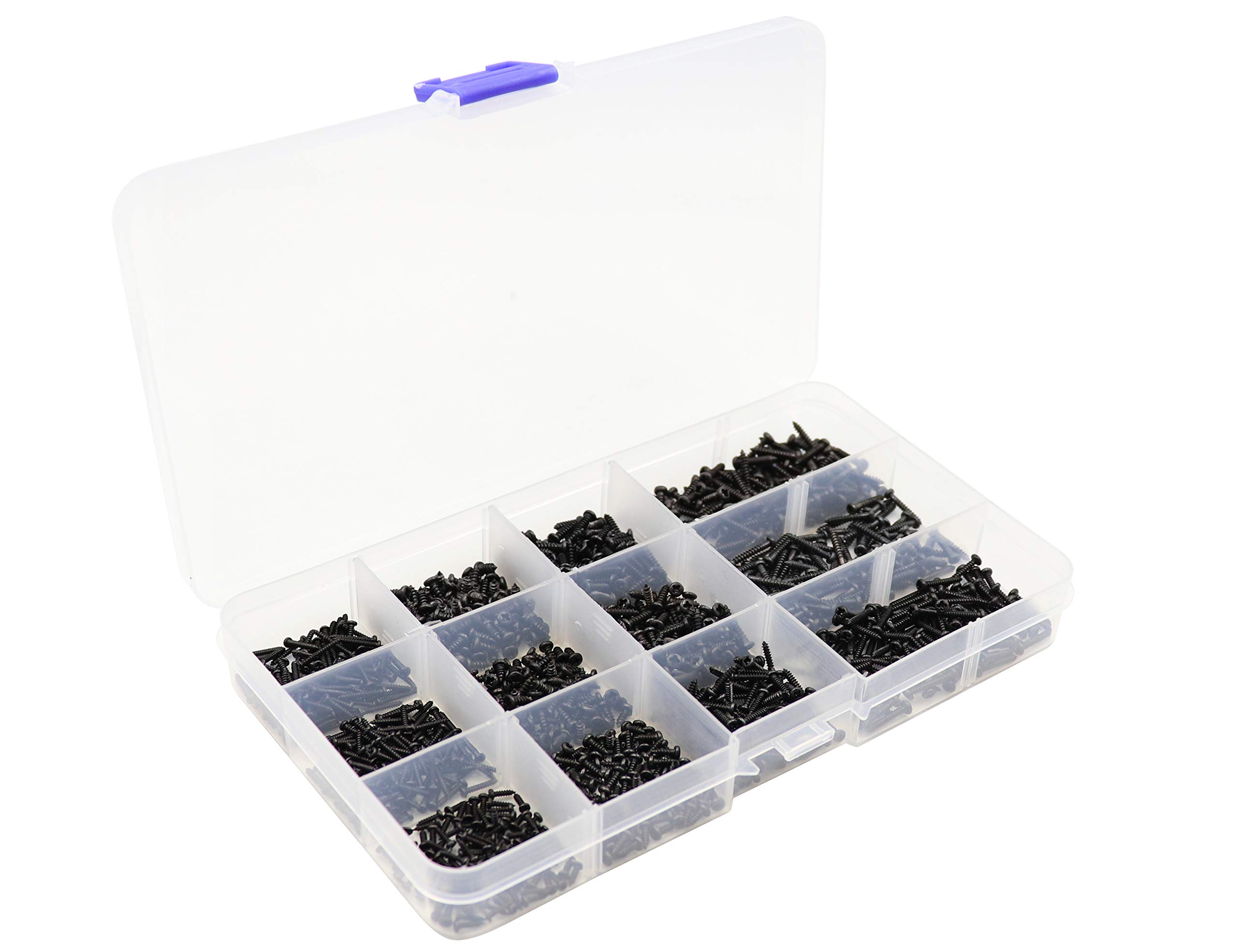 LBY 1000pcs M1.4 M1.7 M2 M2.3 Round Pan Head Self-Tapping Sheetmetal Screw Assortment Kit Round Head Self-Tapping Electronic Mini Wood Screws 10 Sizes Combination Metal Black
