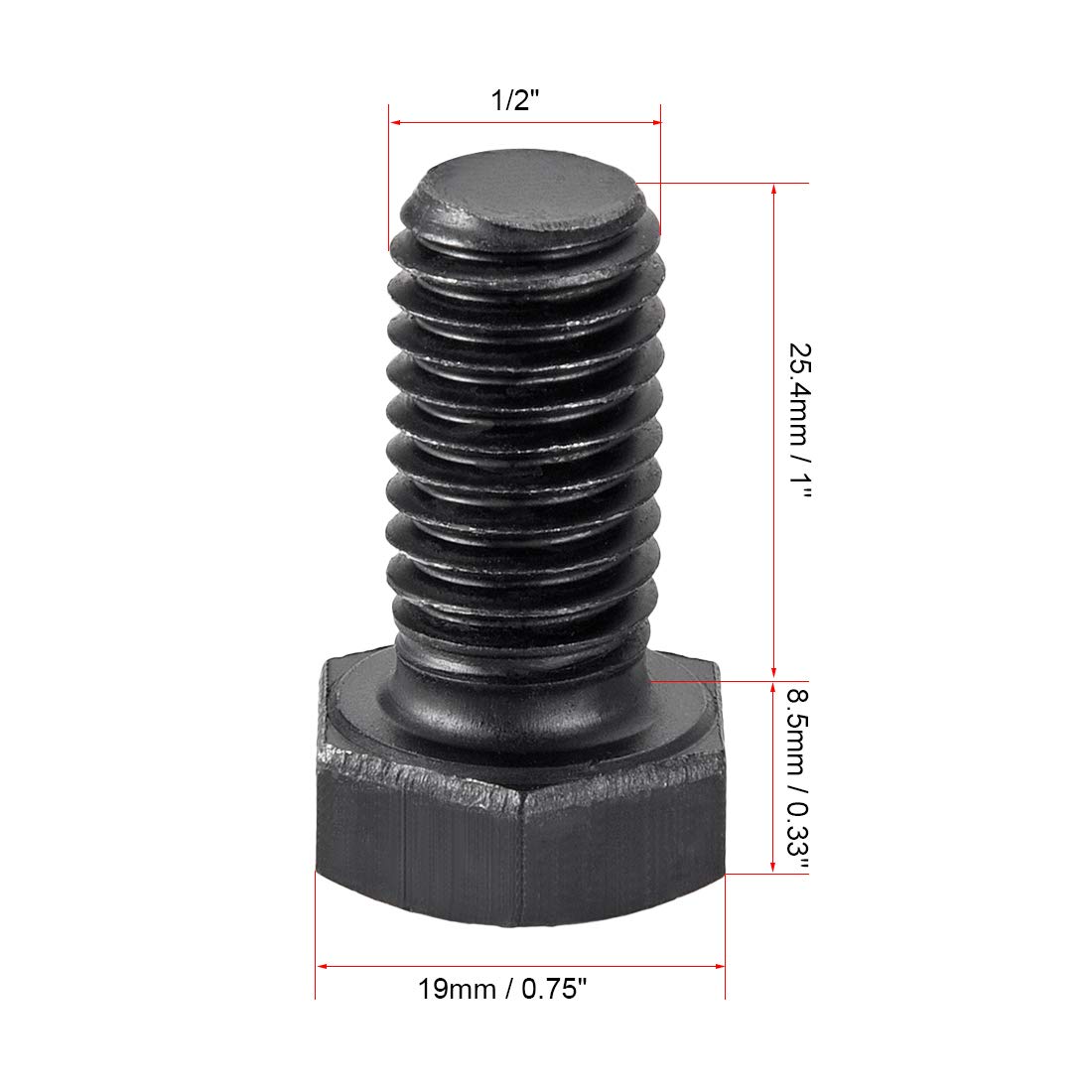 uxcell 1/2''-13 * 1'' Hex Head Screw Bolts Fastener Grade 5 UNC Carbon Steel Black 2pcs