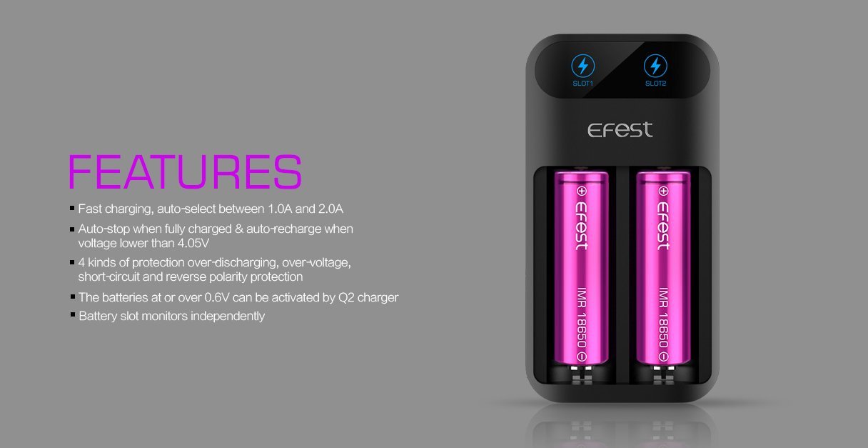 Efest LUSH Q2 Intelligent LED Battery Charger Compatible with Lithium IMR 3.6V and 3.7V Batteries