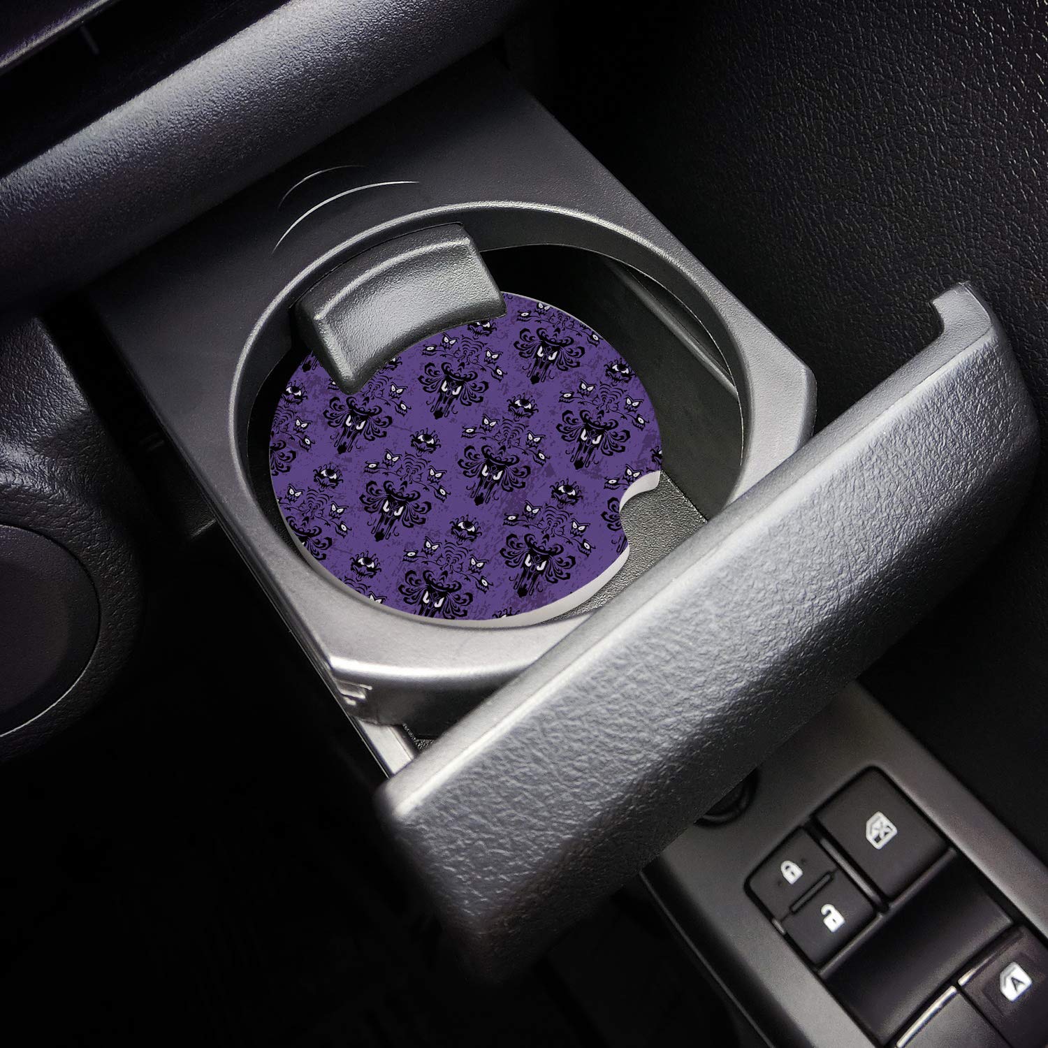 Absorbent Ceramic Car Coasterss Halloween Haunted Mansion Design, Drink Coaster Cup Holders with A Finger Notch for Easy Removal of Auto Cupholder, Purple Black Set of 2