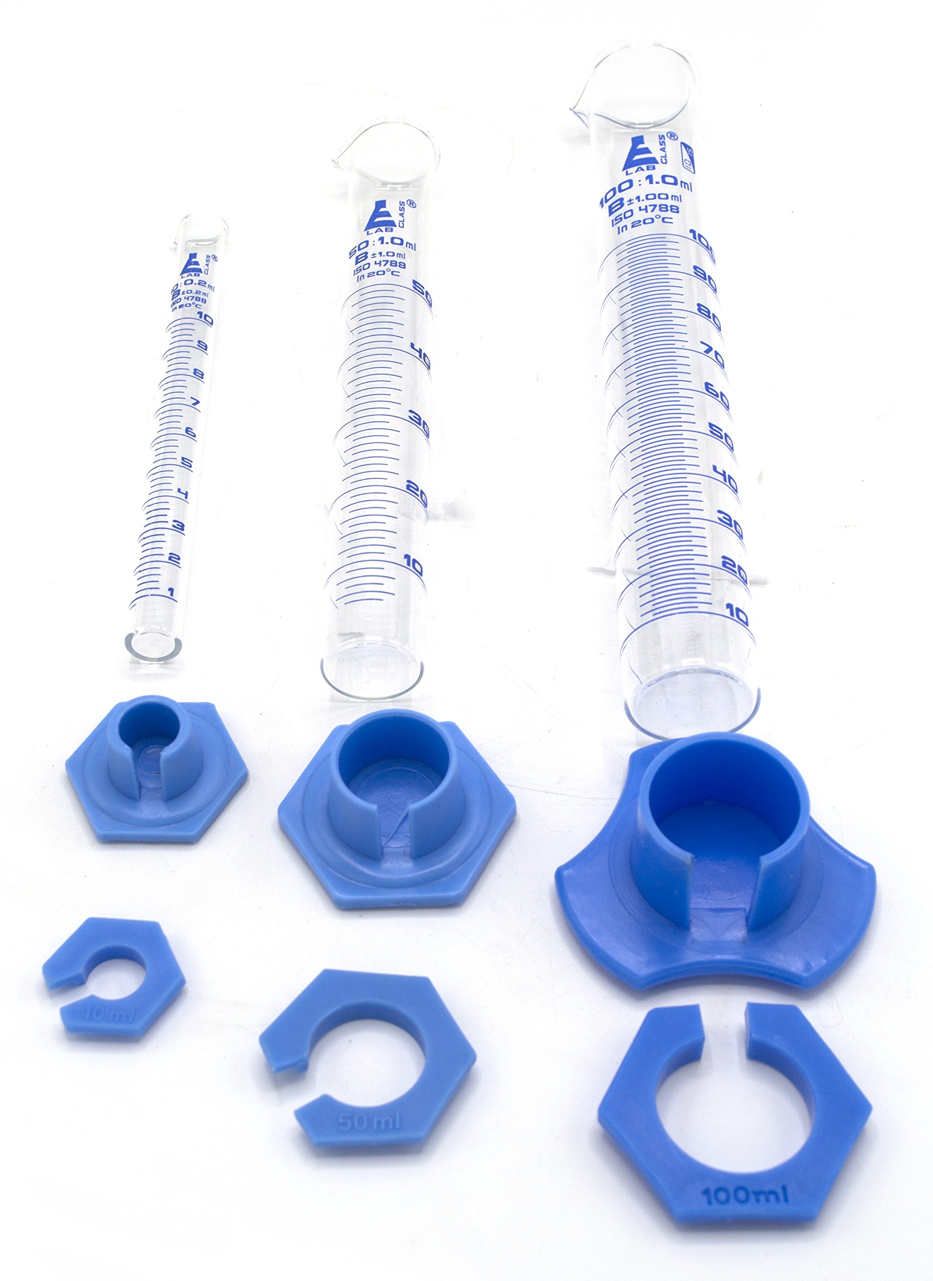 EISCO Graduated Cylinder Set, Class B - 10mL, 50mL & 100mL - Detachable, Plastic Hexagonal Bases & Protective Collars - Blue Graduations - Borosilicate Glass