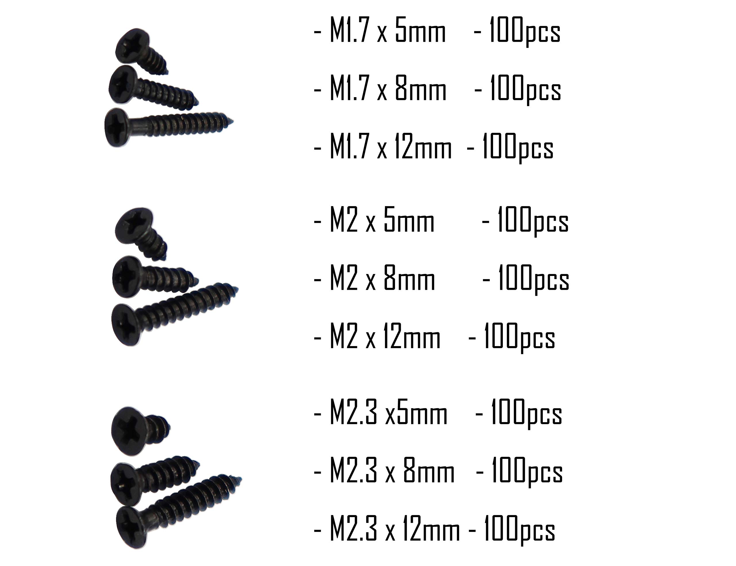LBY 900pcs M1.7 M2 M2.3 x 5mm / 8mm/ 12mm Flat Head Self-Tapping Sheetmetal Screw Assortment Kit Mini Wood Screws 9 Sizes Combination Carbon Steel Black