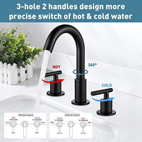 AIMOYO 2-Handle 8 inch Widespread Bathroom Sink Faucet, 3 Hole Matte Black Bathroom Faucet with 360°Swivel Spout, Pop Up Drain and High Arc, Modern Basin Faucet Mixer Taps, Deck Mount