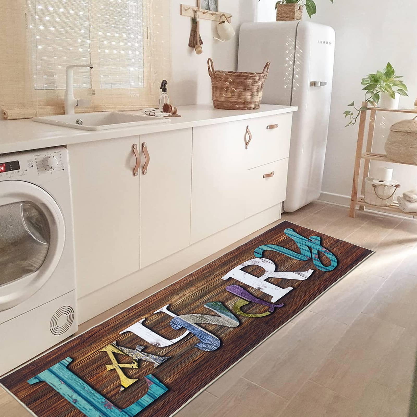 Abeigoi Laundry Room Rug Runner 2X6Ft Long Laundry Mat for Floor Thin Wood Printed Farmhouse Kitchen Mat for Floor Nonslip Washable Rug Washhouse Sink Mat Fun Room Mat for Laundry Decor