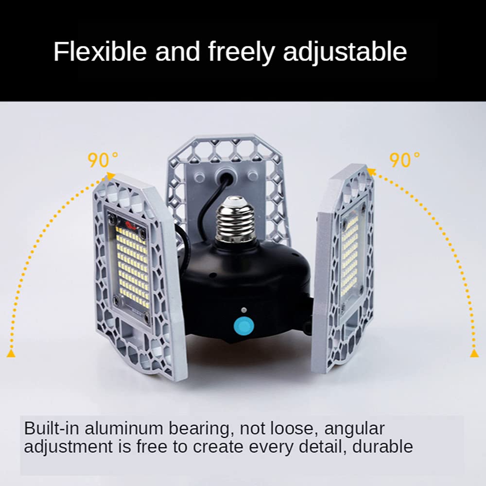 80W Deformable LED Ceiling Garage Lamp, Waterproof and Anti-Leakage Garage Lights with Automatic Light Control Sensor, with 3 Adjustable Panels, E27/E26 9600LM 6000K Daylight for Warehouse Barn (80)