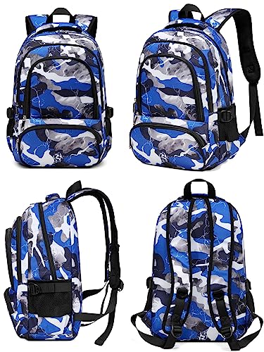 BLUEFAIRY Kids Backpack Boys Elementary School Bags Primary Middle School Book Bags for Teens Kindergarten Sturdy Waterproof Lightweight Durable Travel Gifts 17 Inch Ages 6-12 (Camo Blue)