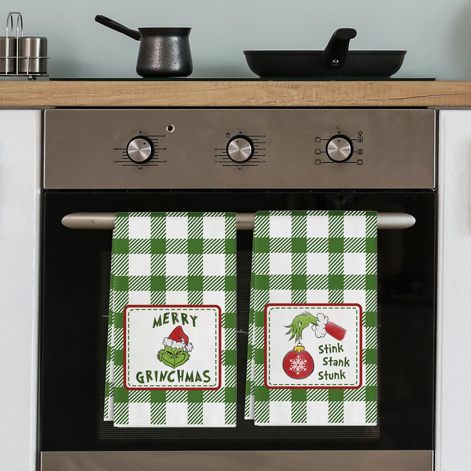 AnyDesign Christmas Kitchen Towel Green White Buffalo Plaids Dish Towel 28 x 18 Inch Funny Cartoon Character Tea Towel Xmas Decorative Hand Drying Towel for Kitchen Cooking Baking, 4 Pack