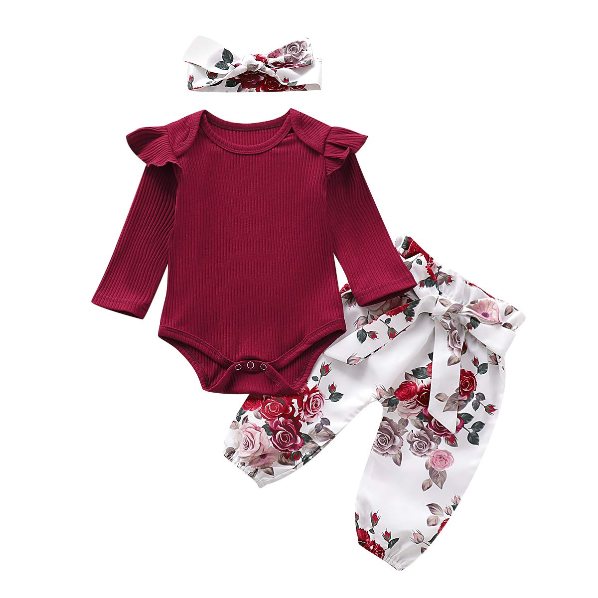 Kuriozud Newborn Infant Baby Girl Fall Winter Clothes Ruffle Ribbed Romper Tops Floral Pants Headband Outfit 2 Piece Set (red, 3-6 Months)