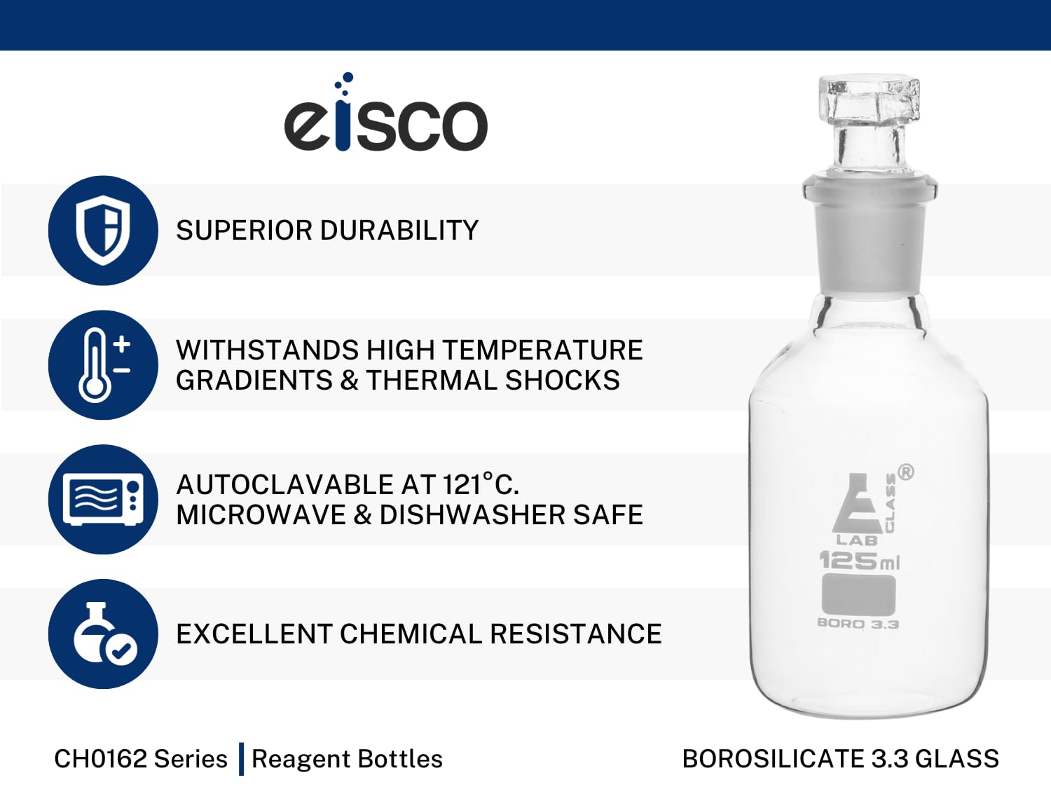 EISCO Labs 250ml Reagent Glass Bottle - Wide mouth with Stopper