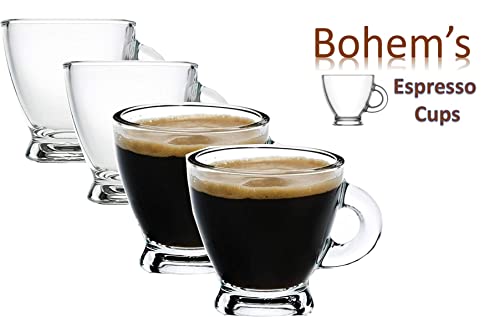 BOHEM'S Espresso Cups, 3.2 oz Small Demitasse Clear Glass Espresso Drinkware Set, Espresso Shot Glasses, Clear Expresso Coffee Cups, Tazas de Cafe Expreso (Set of 4)
