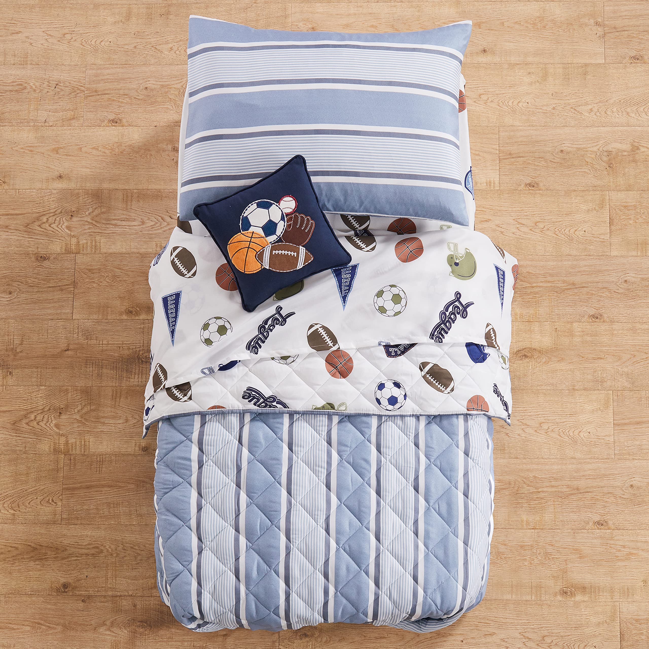 Levtex Baby - Little Sport Toddler Bed Set - Navy, Blue, Taupe, Orange - 5 Piece Set Includes Reversible Quilt 42"x57", Fitted Sheet 28"x52", Flat Sheet 45" x60in, Pillow Case 20"x26", Pillow 10"x12"