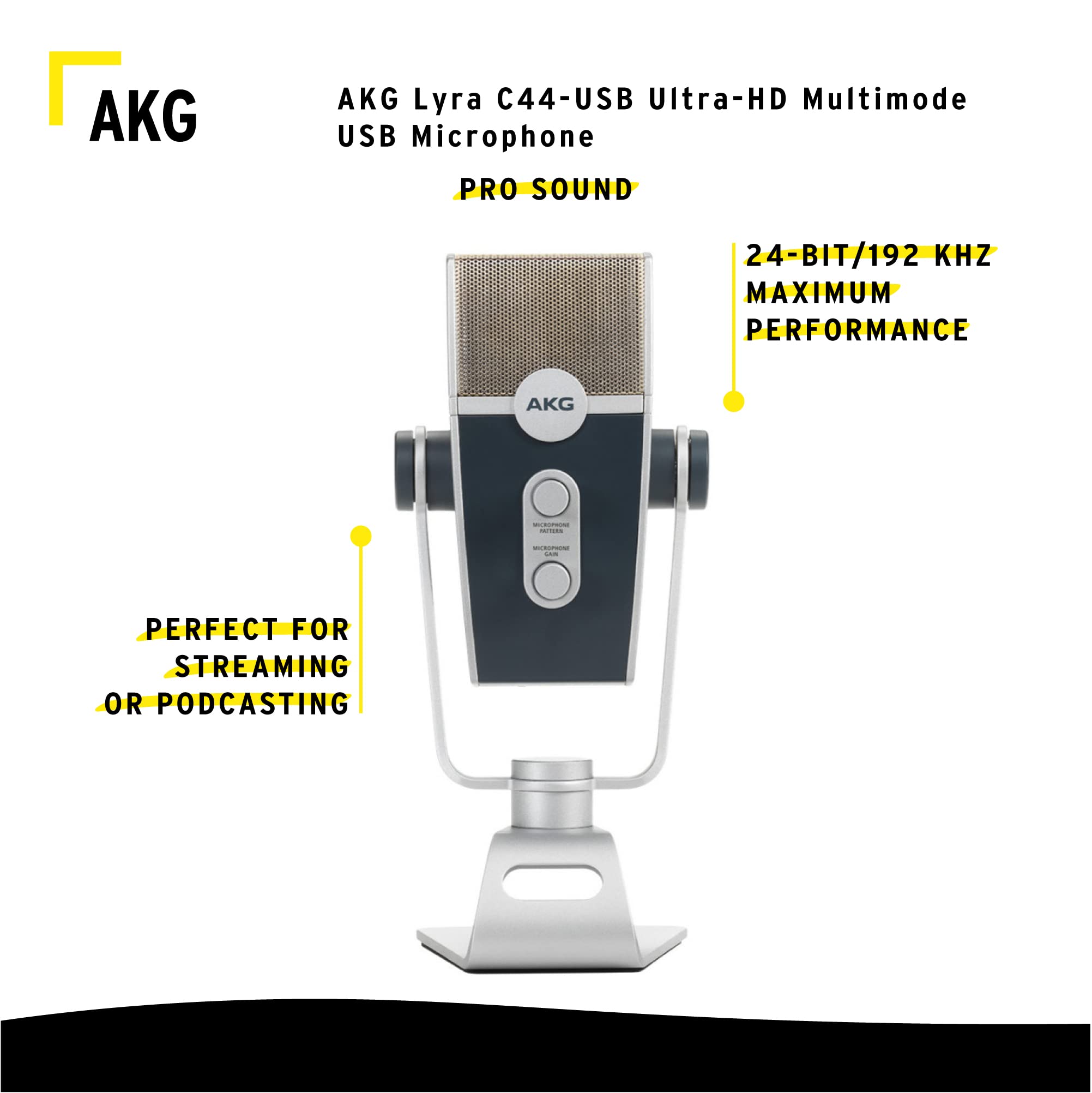 AKG Lyra C44-USB Ultra-HD Multimode USB Microphone Bundle with Knox Headphones and 3.0 4 Port USB Hub (3 Items)